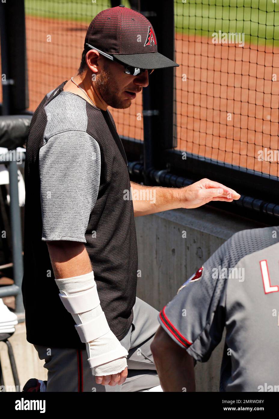 Arizona Diamondbacks catcher Jeff Mathis looks on from the dugout prior ...