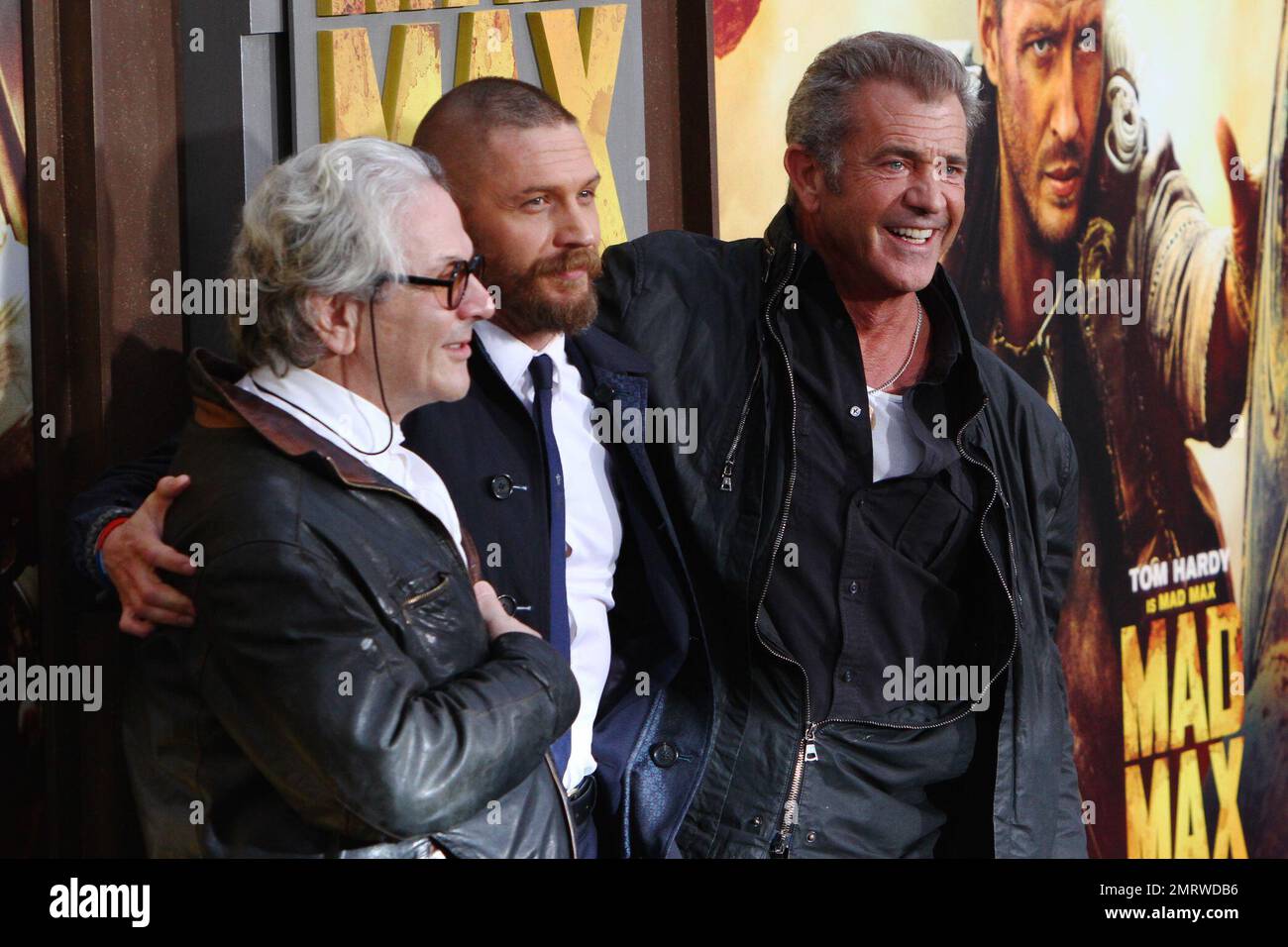 Mel Gibson, Tom Hardy and George Miller arrives at the Premiere of Mad ...