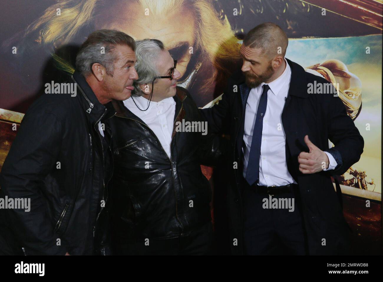 Mel Gibson, Tom Hardy and George Miller arrives at the Premiere of Mad ...