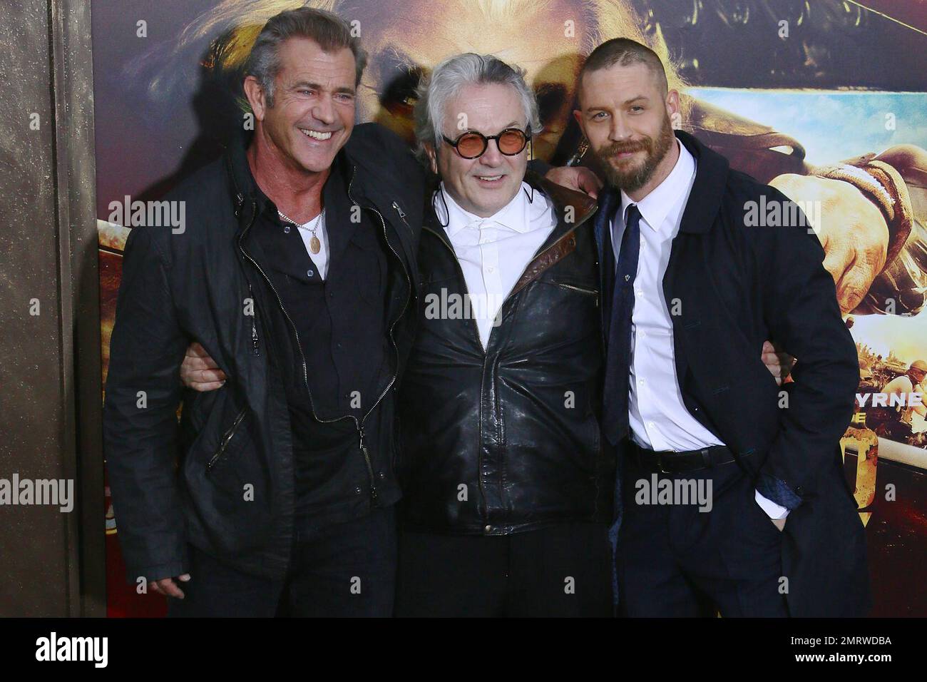 Mel Gibson, Tom Hardy and George Miller arrives at the Premiere of Mad ...