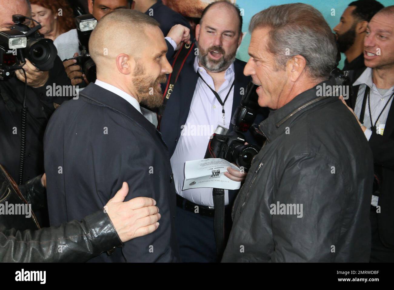 Mel Gibson, Tom Hardy and George Miller arrives at the Premiere of Mad ...
