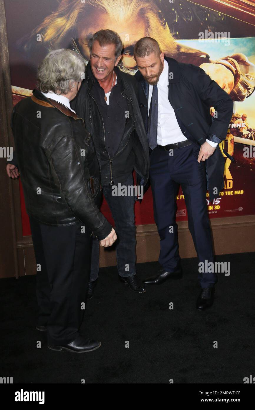 Mel Gibson, Tom Hardy and George Miller arrives at the Premiere of Mad ...