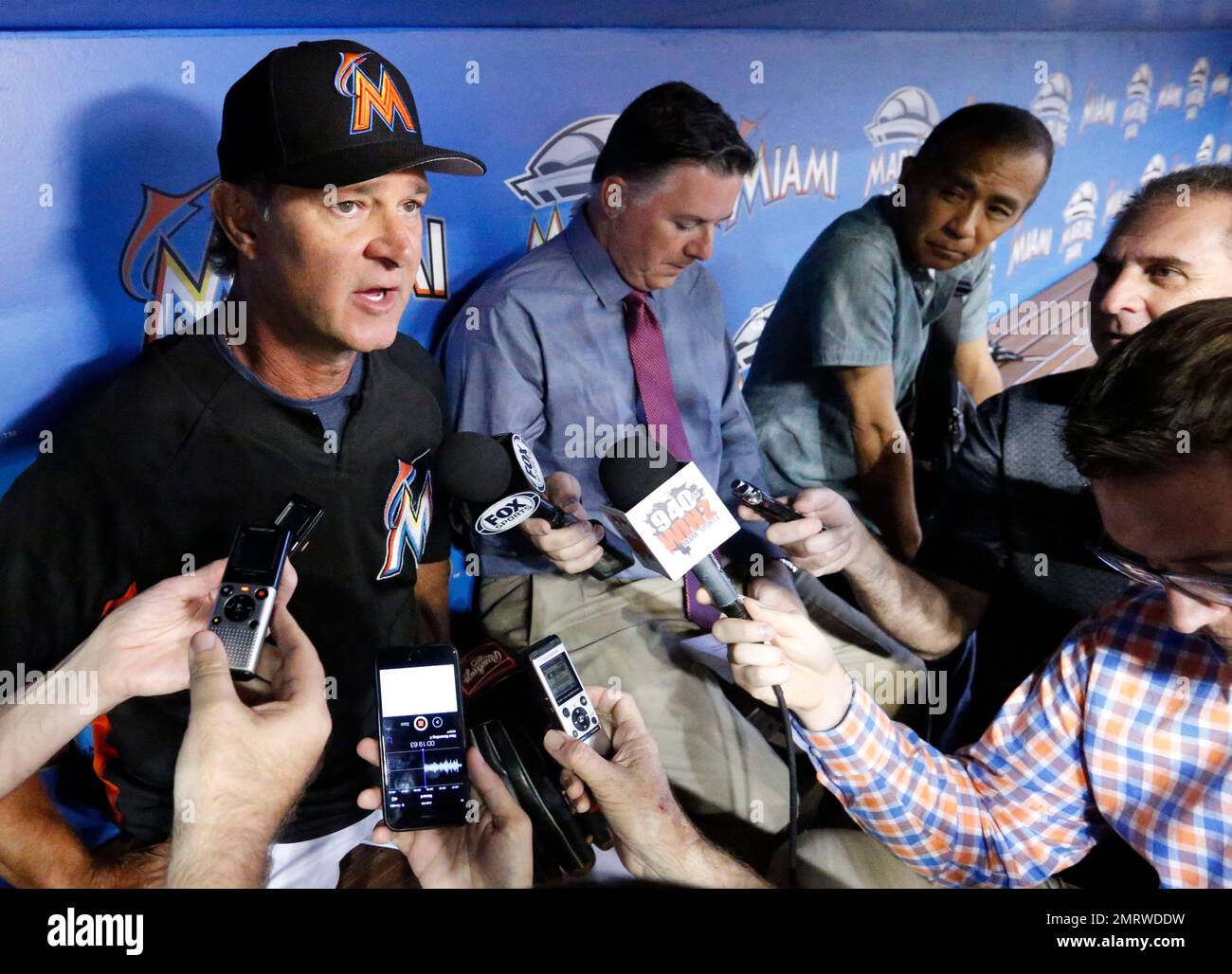 Miami Marlins manager Don Mattingly talks to members of the media ...