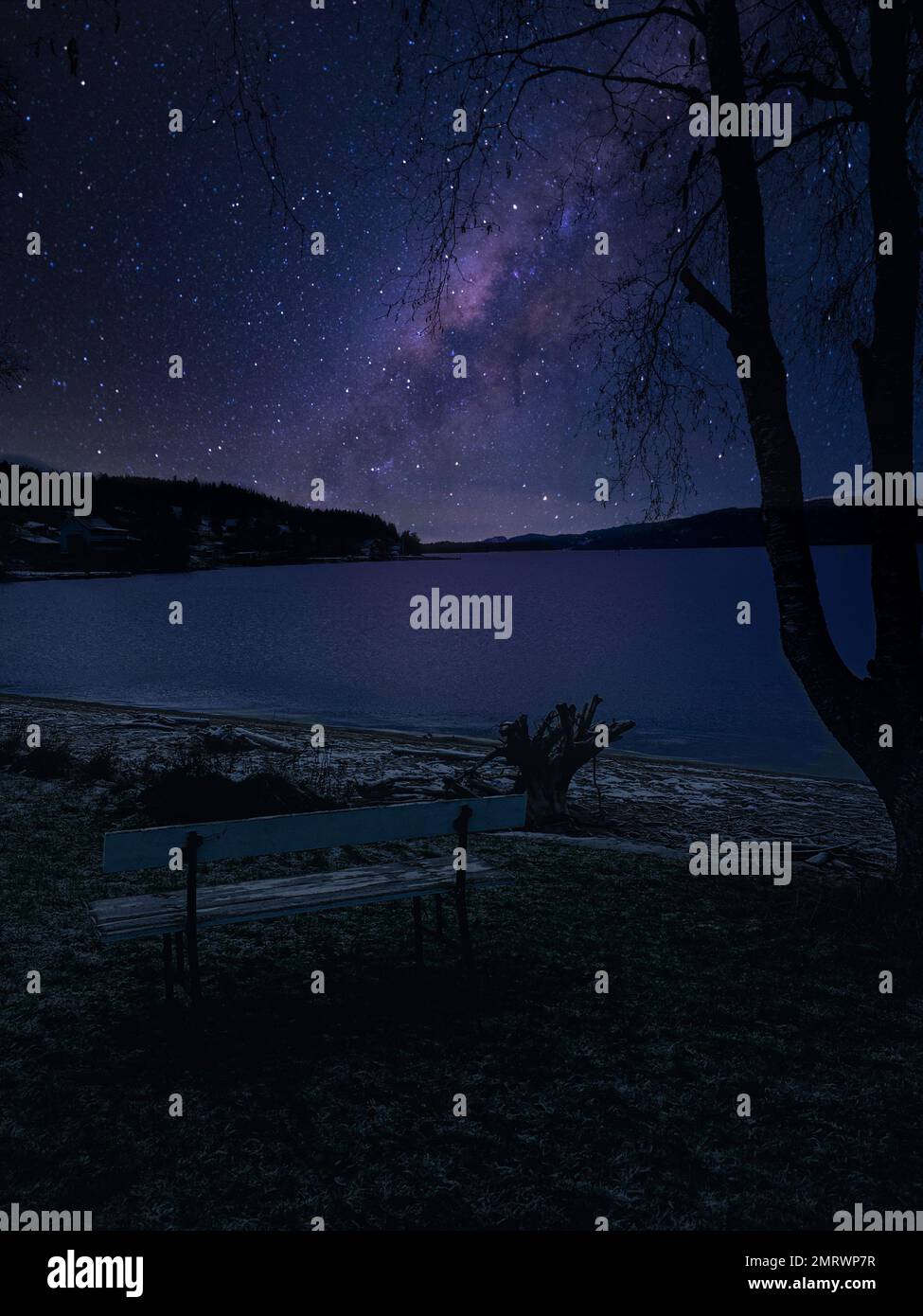 A vertical shot of a bench on the shore of a river under te starry sky ...