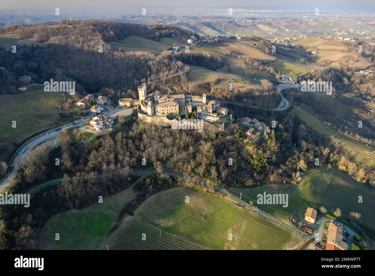 Vigoleno, Italy - 30 January 2023 drone aerial view of Vigoleno castle ...