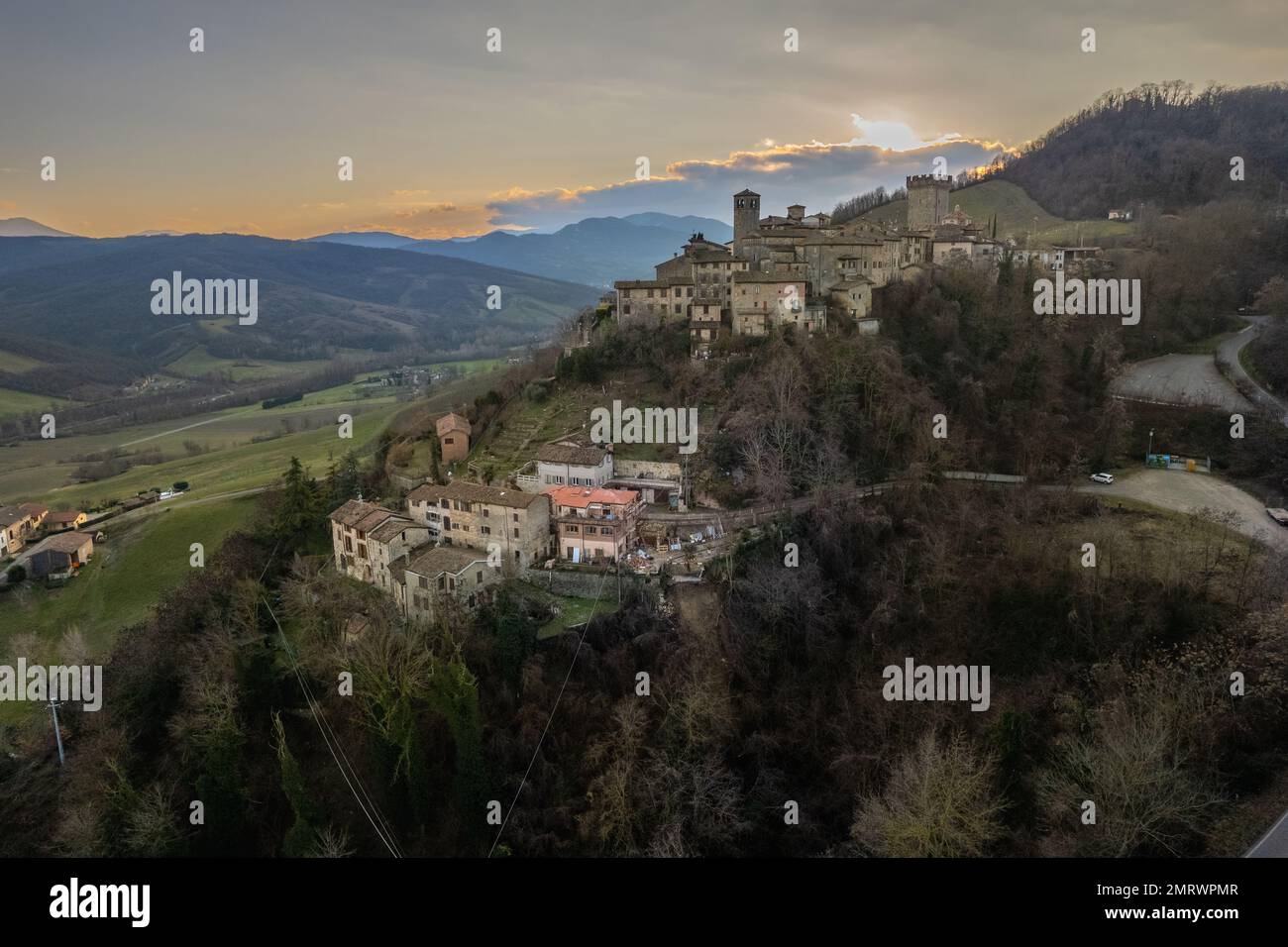 Vigoleno, Italy - 30 January 2023 drone aerial view of Vigoleno castle ...