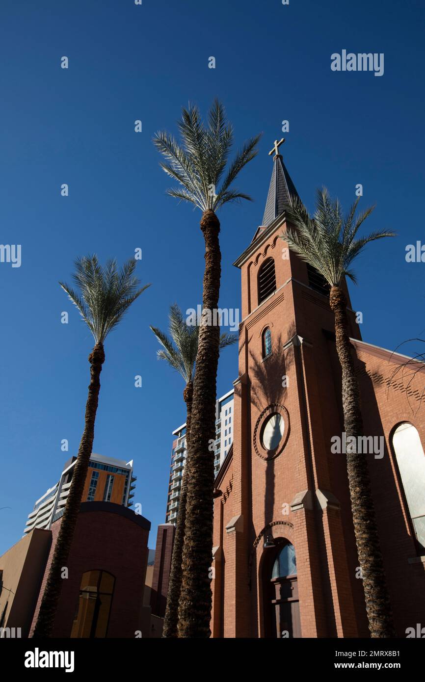 Afternoon historic church framed view of downtown Tempe, Arizona, USA ...
