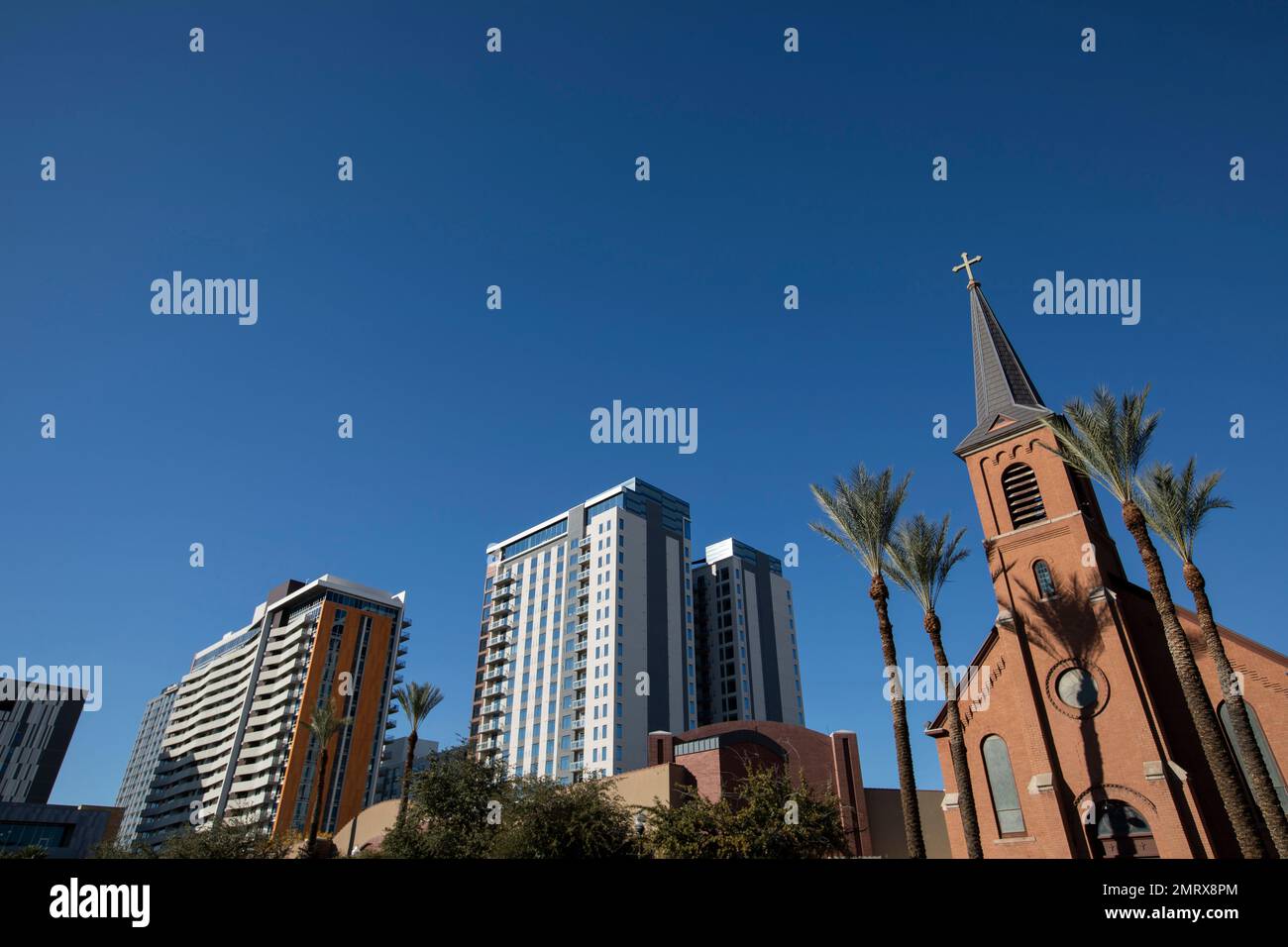 Afternoon historic church framed view of downtown Tempe, Arizona, USA ...