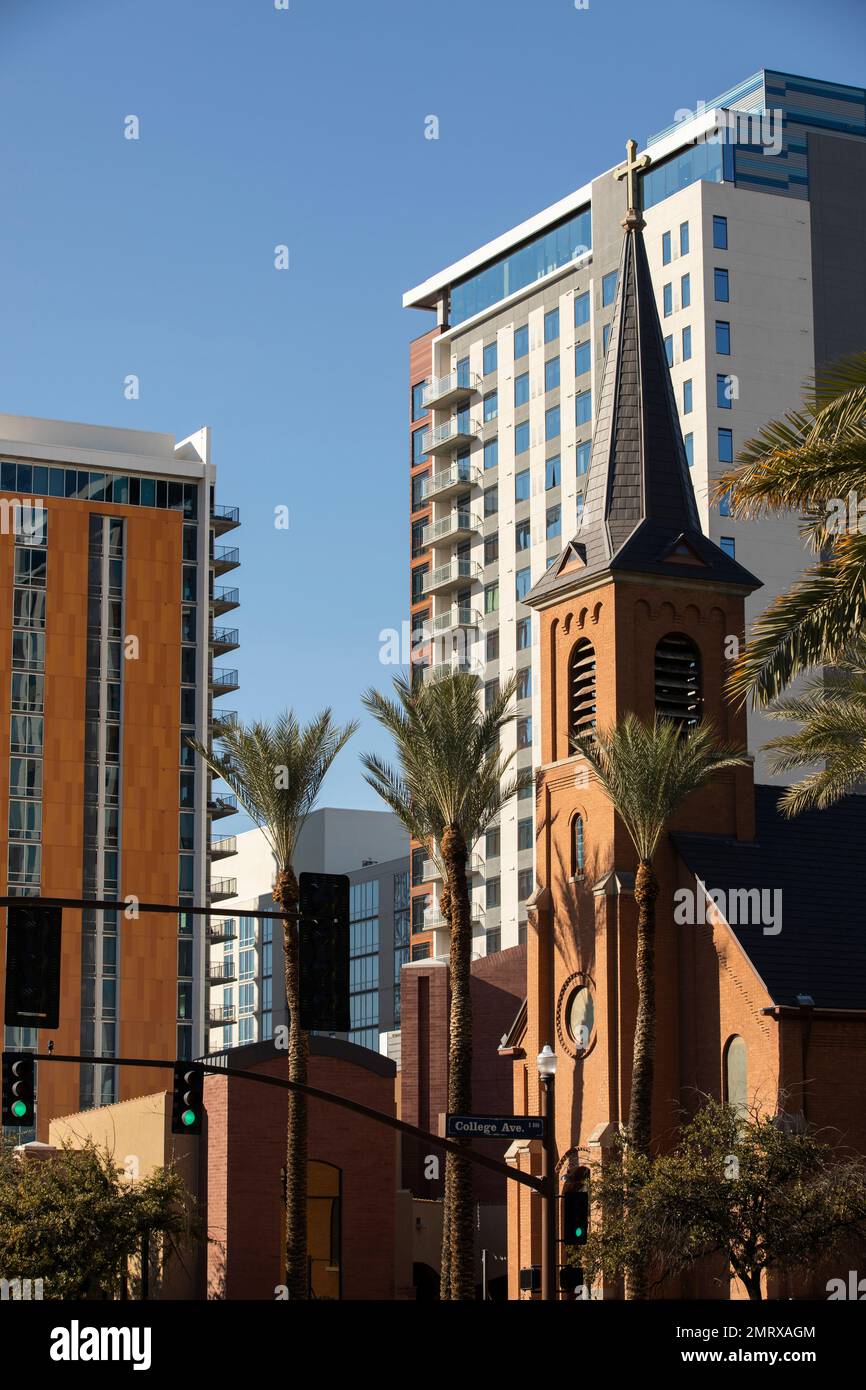 Afternoon historic church framed view of downtown Tempe, Arizona, USA ...