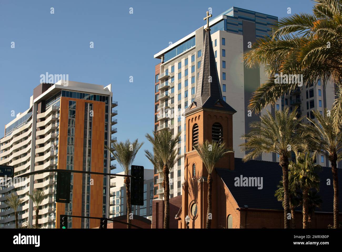 Afternoon historic church framed view of downtown Tempe, Arizona, USA ...