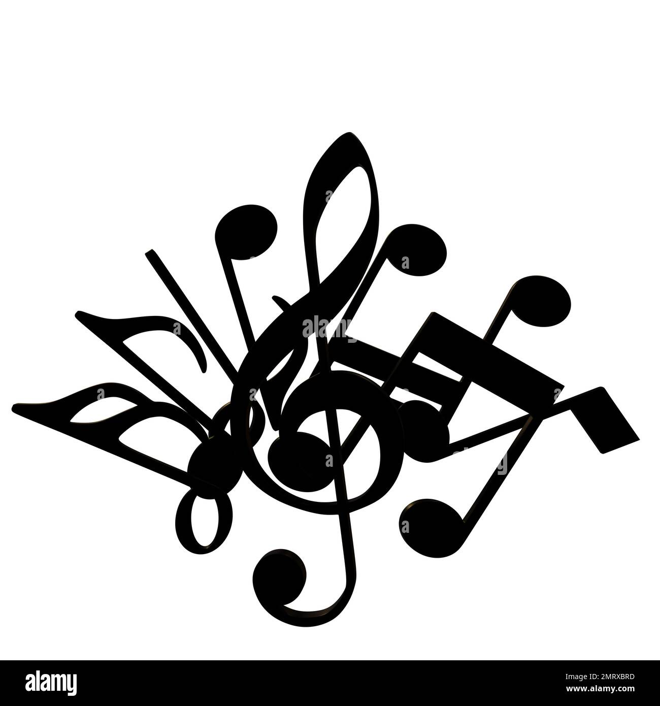 Realistic golden metal treble clef and musical notes on a white ...