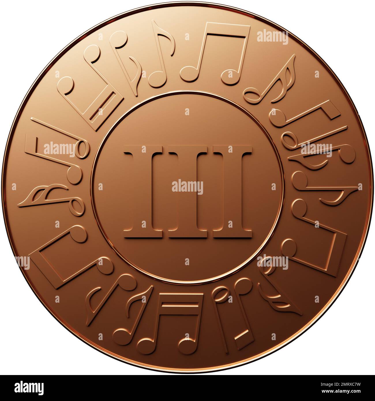 Bronze musical medal with treble clef for third place isolated on white ...