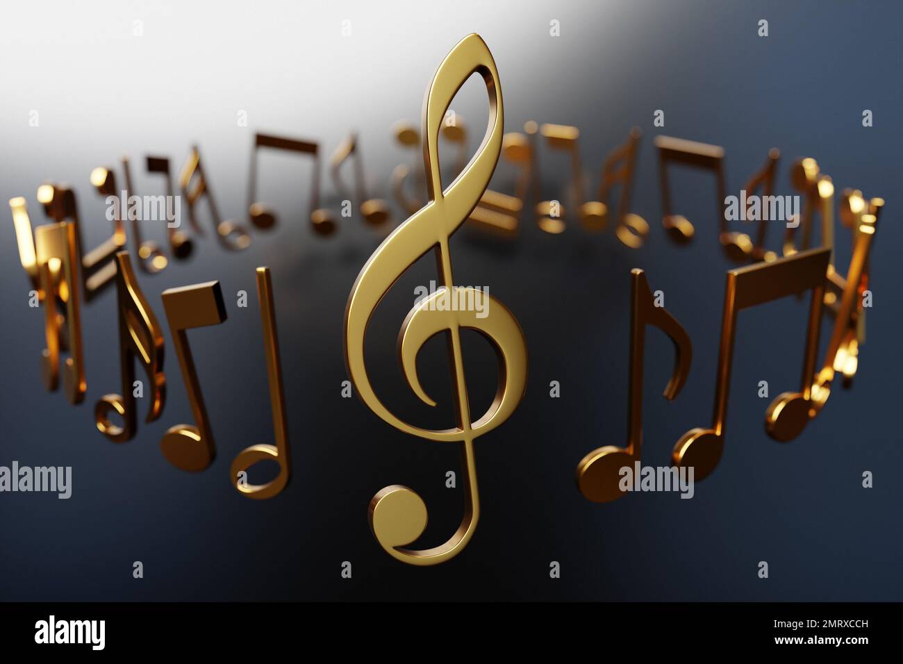 Musical notes and symbols with curves and swirls on a black background ...