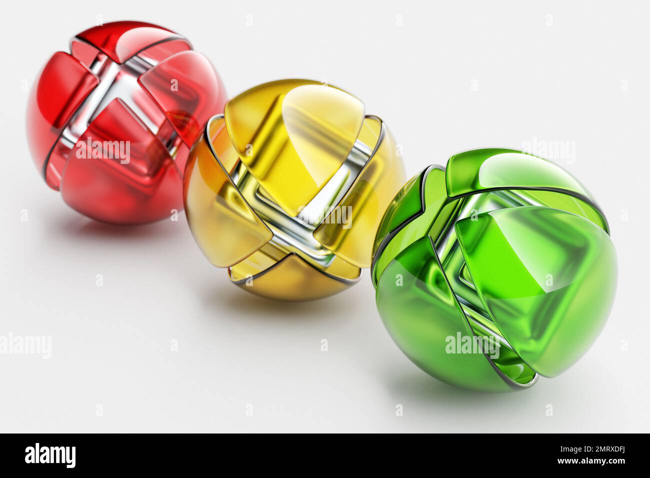 3D illustration of a three colorful lighting balls with many faces ...