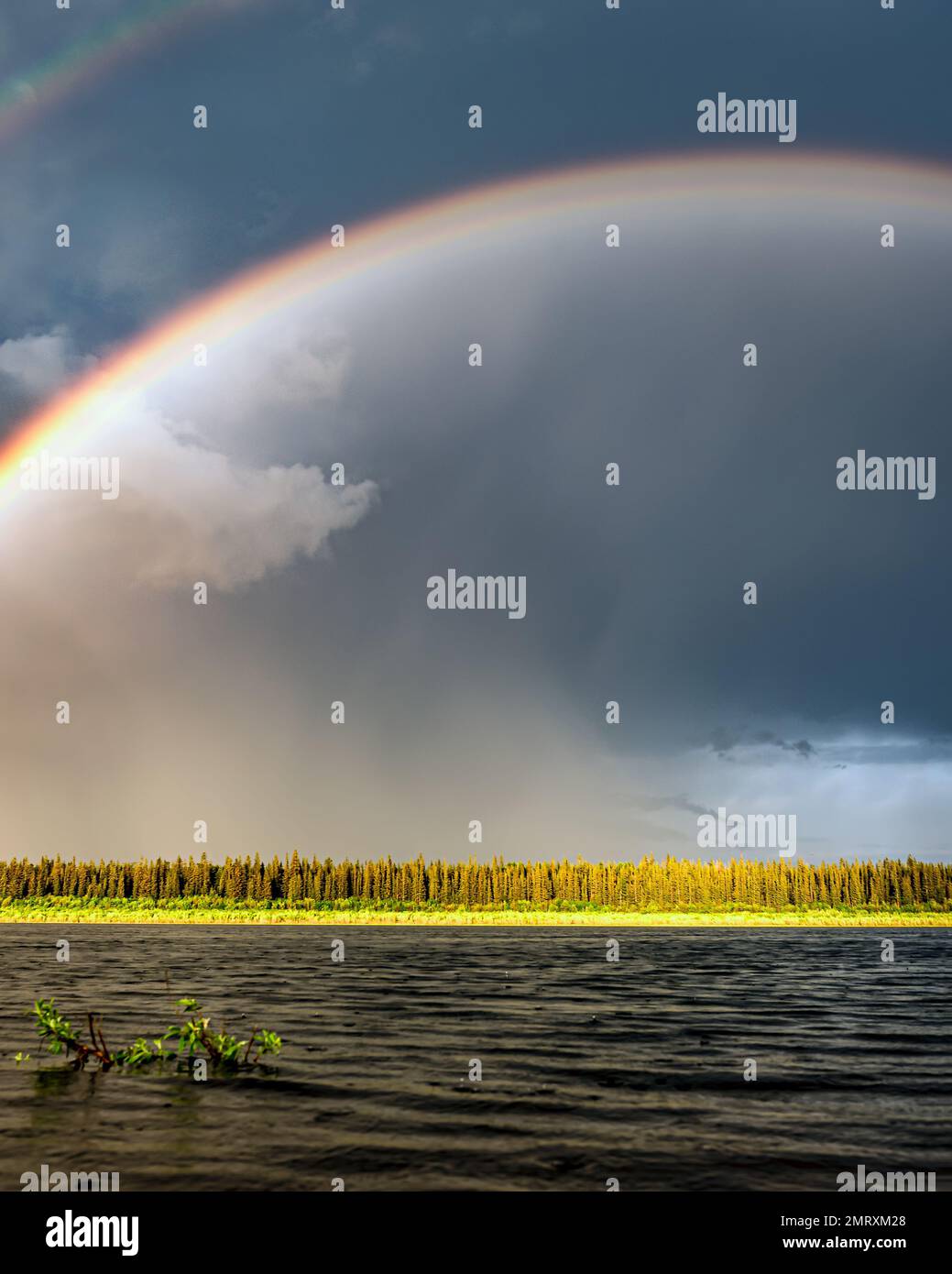 Double rainbow after rain over the Vilyui River against the background ...