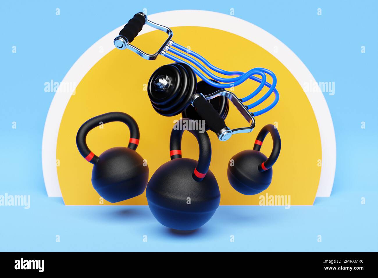Bunch of fitness training weights on colorful background. Dumbbells ...