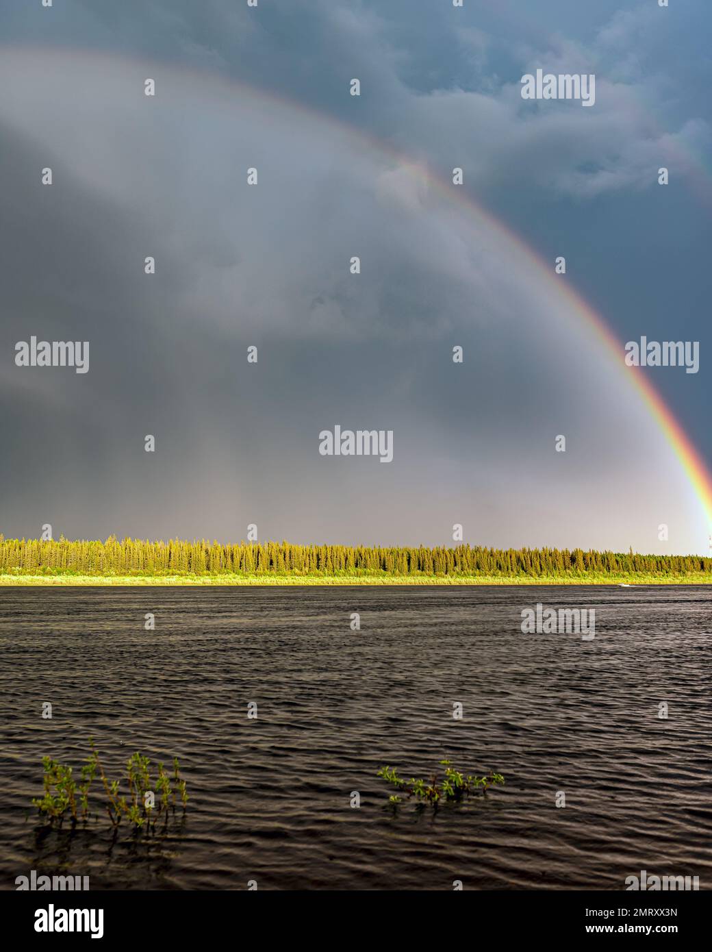 A rainbow over the Vilyui River after rain against a blue sky with ...