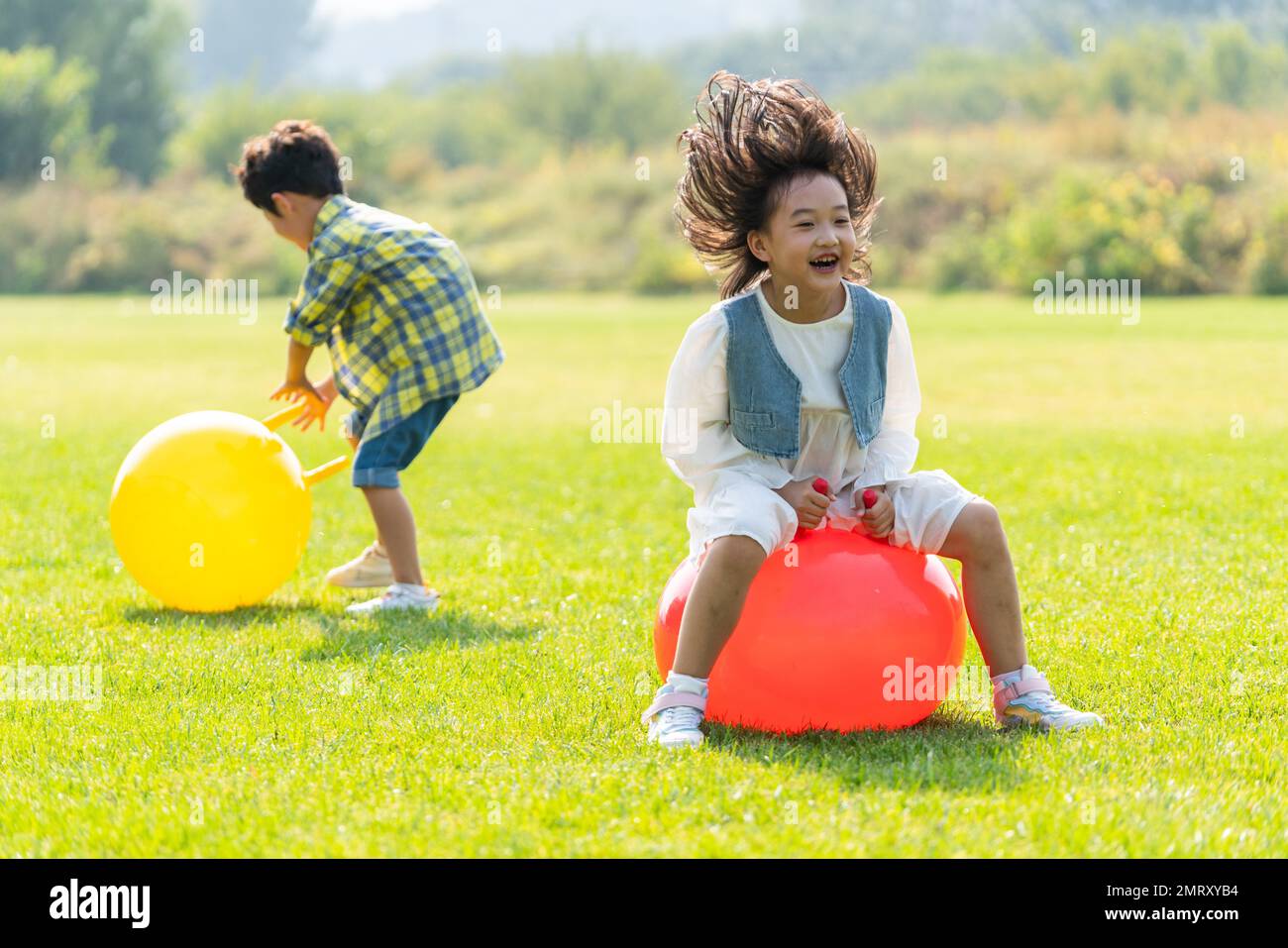 The two children playing games on the grass Stock Photo - Alamy