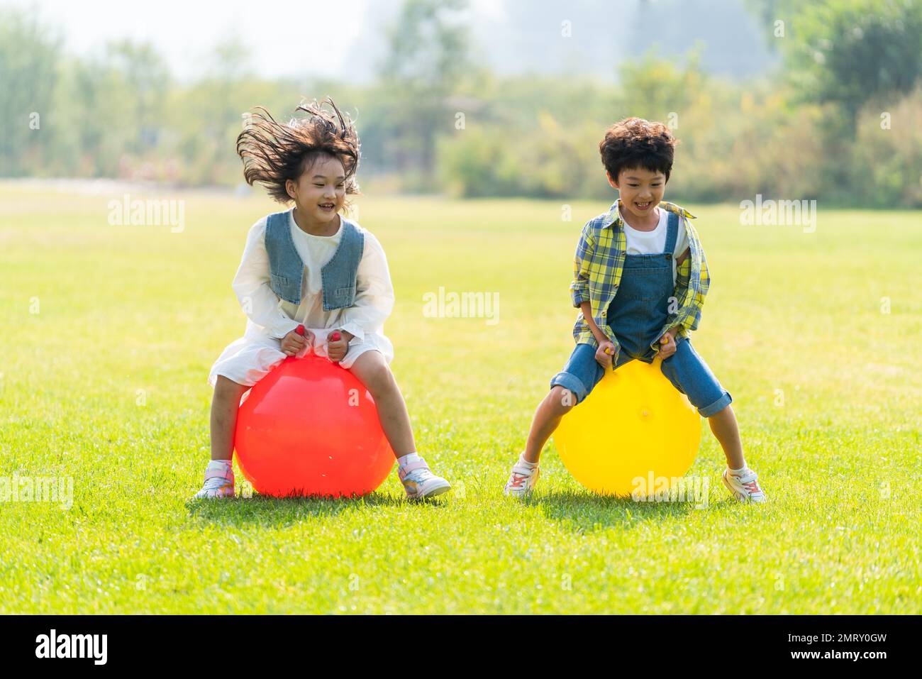 The two children playing games on the grass Stock Photo - Alamy