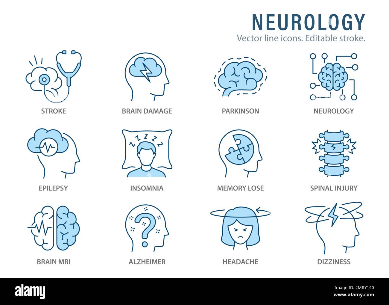 Neurology icons such as Alzheimer's disease, Parkinson, insomnia ...