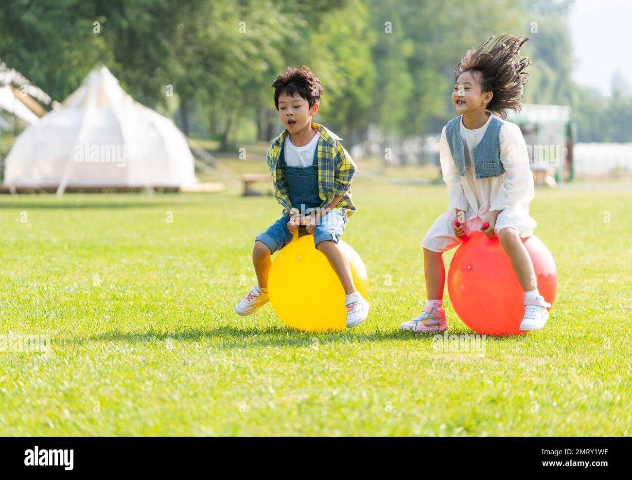 The two children playing games on the grass Stock Photo - Alamy