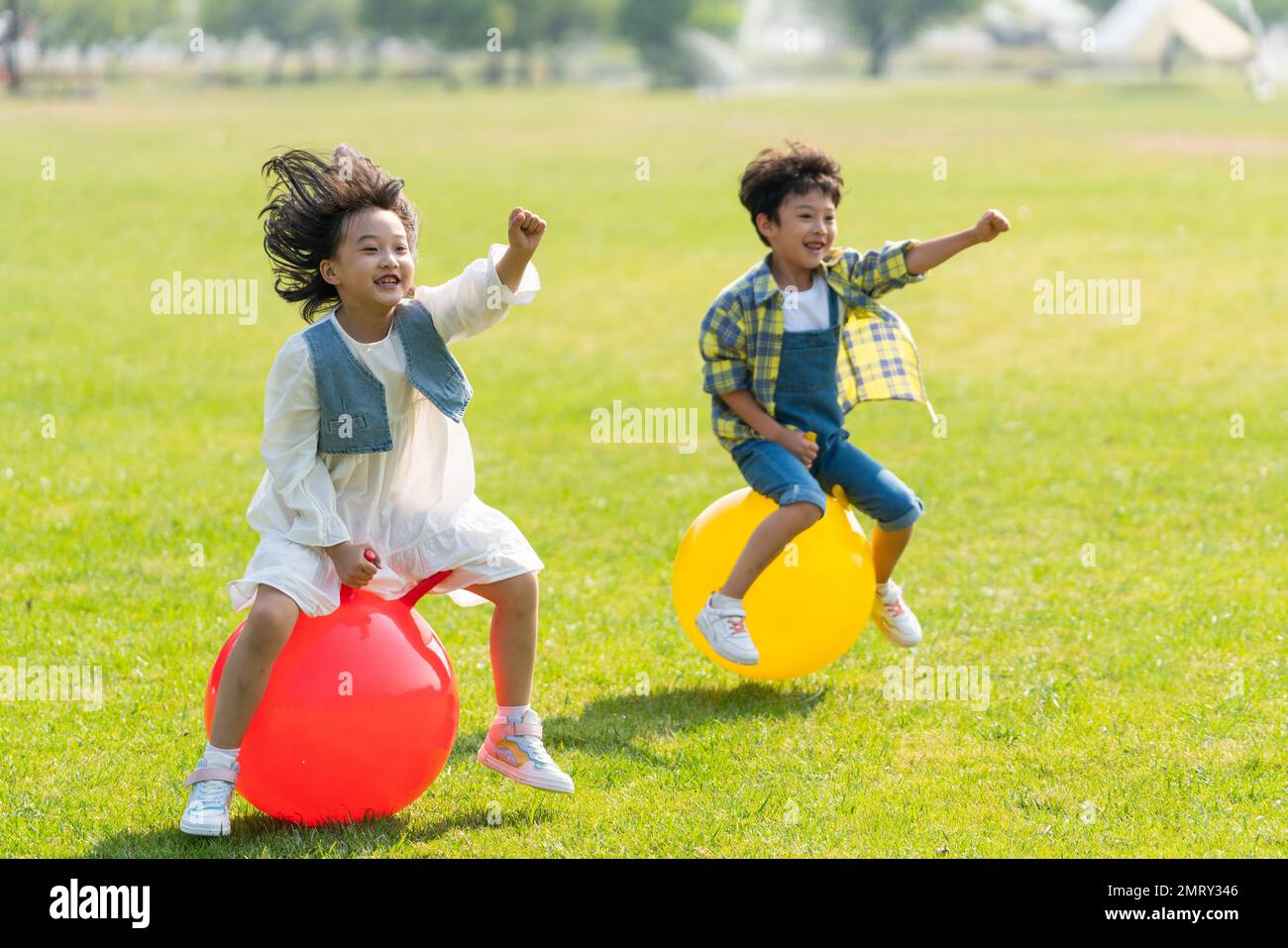 The two children playing games on the grass Stock Photo - Alamy