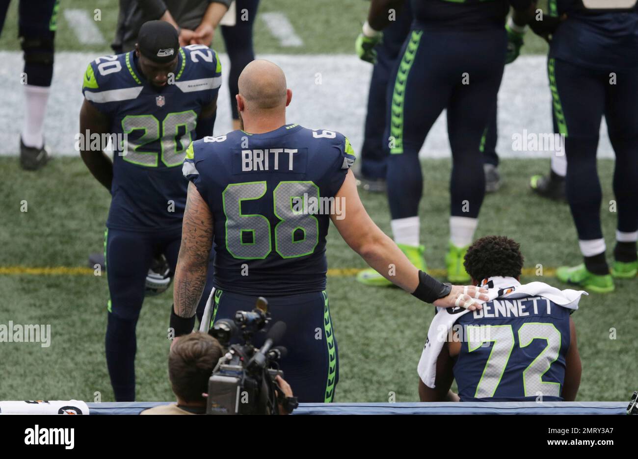 Seattle Seahawks center Justin Britt (68), and cornerback Jeremy Lane ...