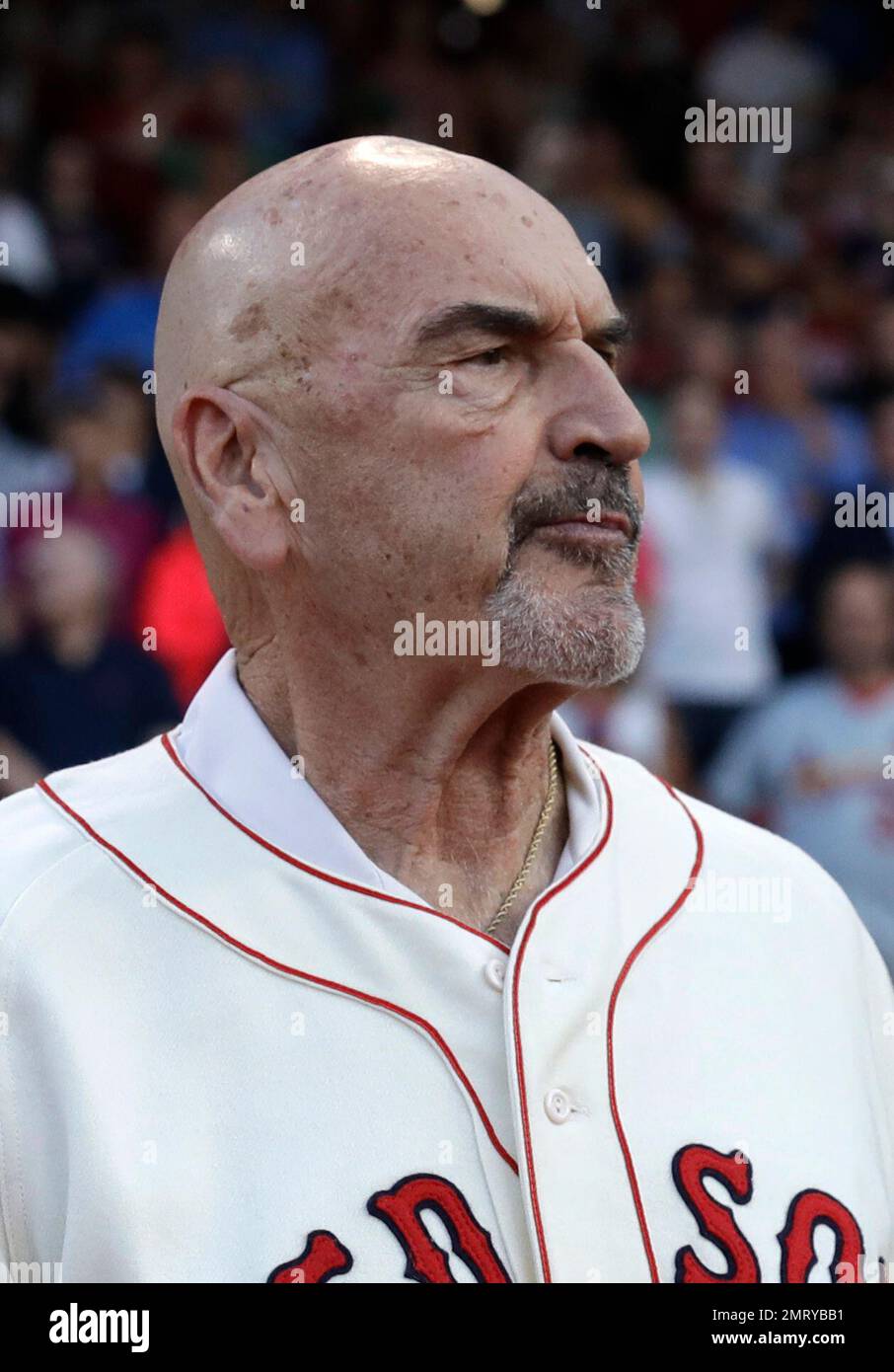 Boston Red Sox great Dave Morehead is honored prior to a baseball game ...