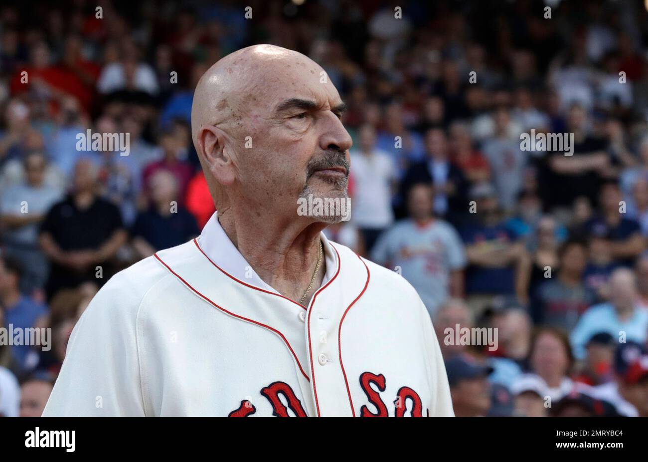 Boston Red Sox great Dave Morehead is honored prior to a baseball game ...