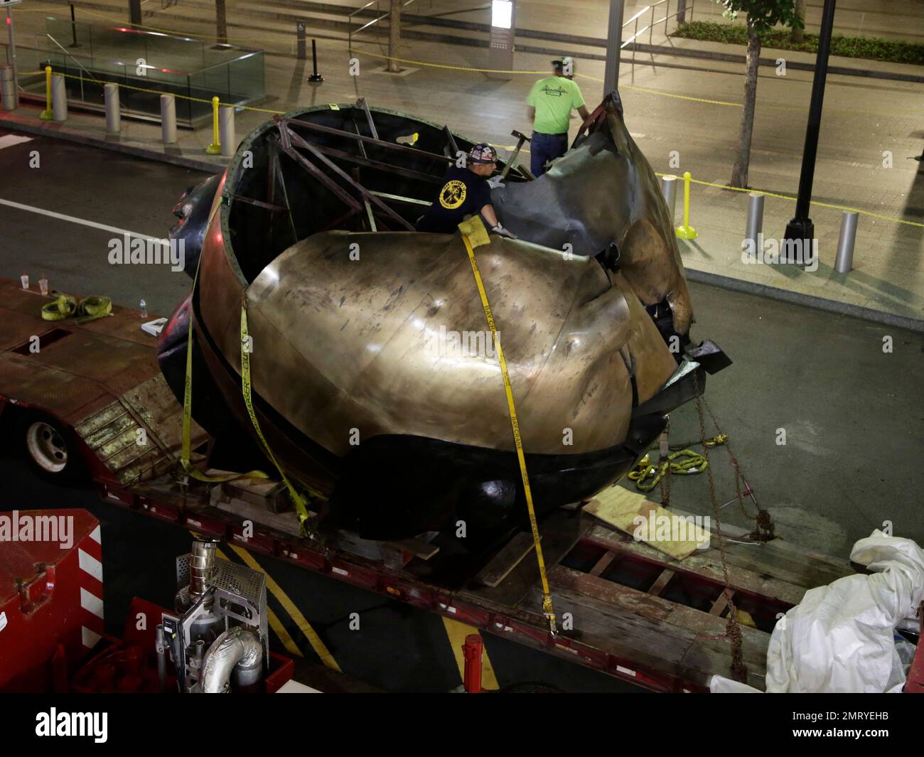 A section of the Koenig Sphere, a 25-ton bronze sphere damaged by the ...