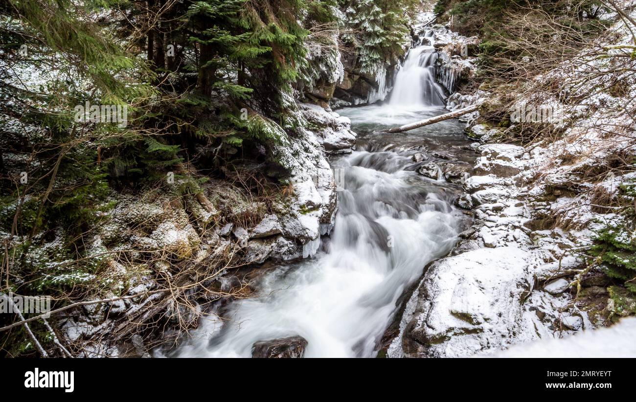 A long exposure effect on a waterfall in Romania with green grass ...