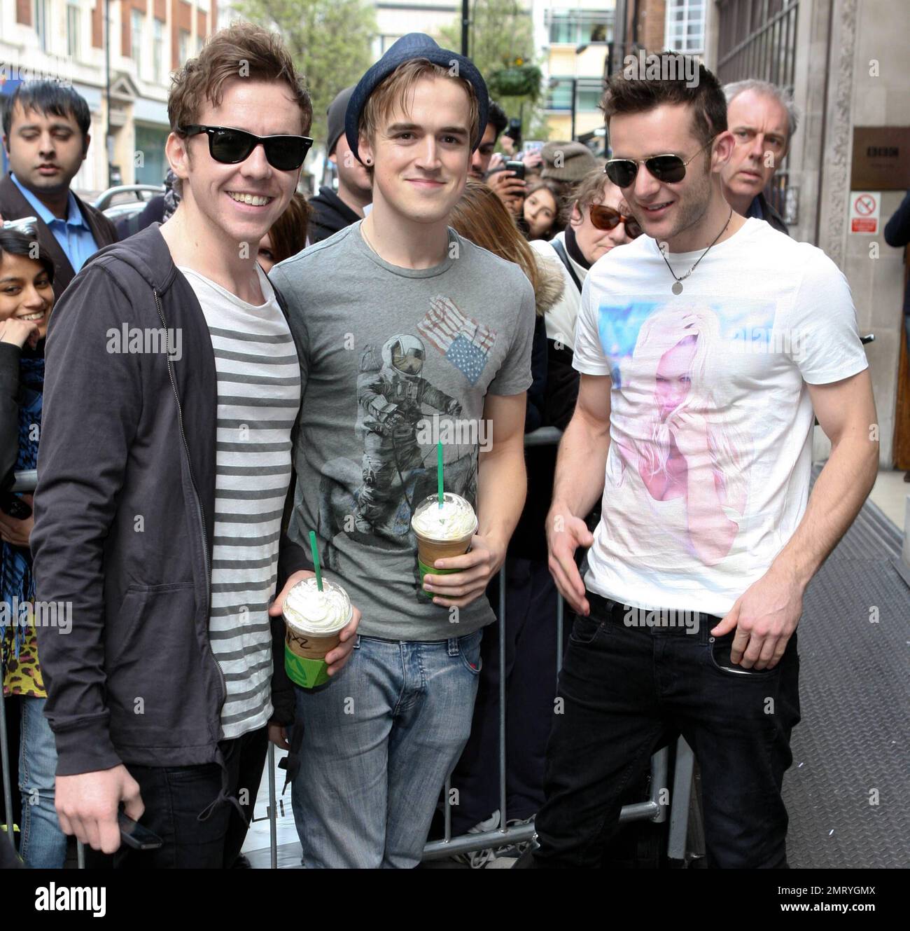 With Starbucks drinks in hand, UK boy band McFly arrives at BBC Radio 1 ...