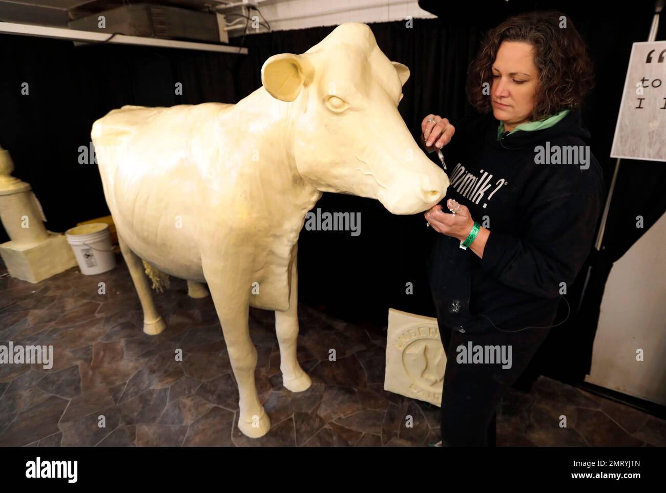 In this Thursday, Aug. 10, 2017, photo, sculptor Sarah Pratt works on ...