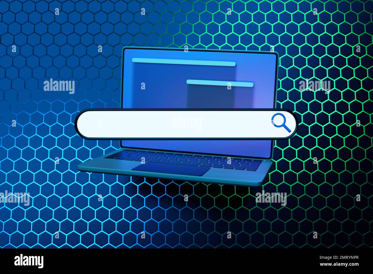 3D colorful illustration of a modern laptop with an information search ...