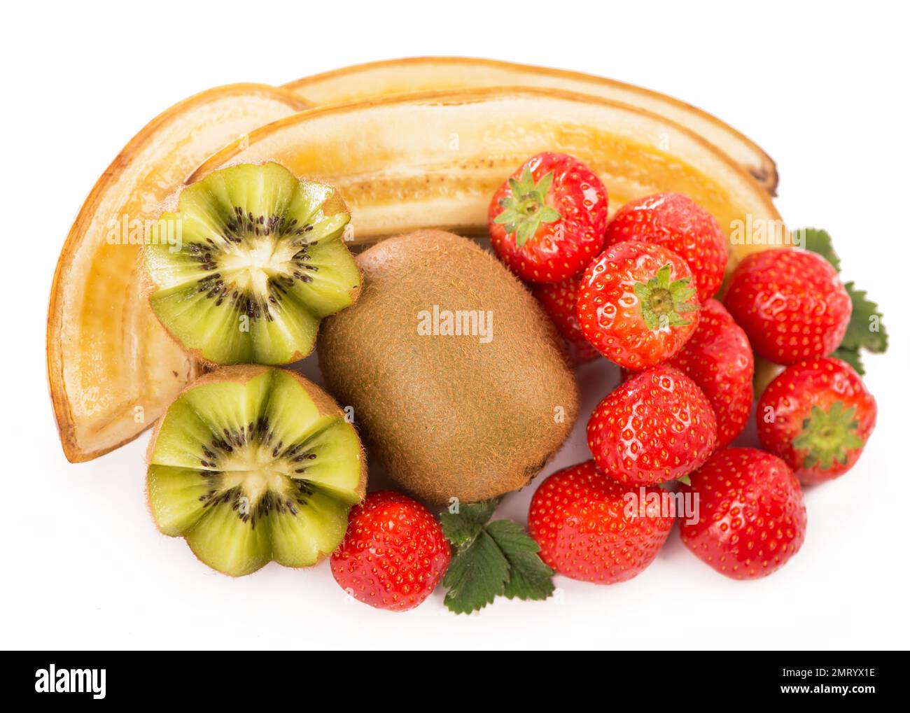 Bananas, kiwi and strawberry lose up isolated on a white background ...
