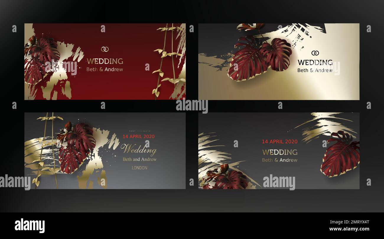 Tropical gold maroon monstera leaves on black dark background vector ...