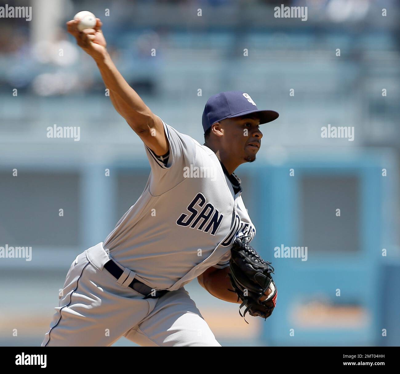 San Diego Padres starting pitcher Luis Perdomo throws to the plate ...