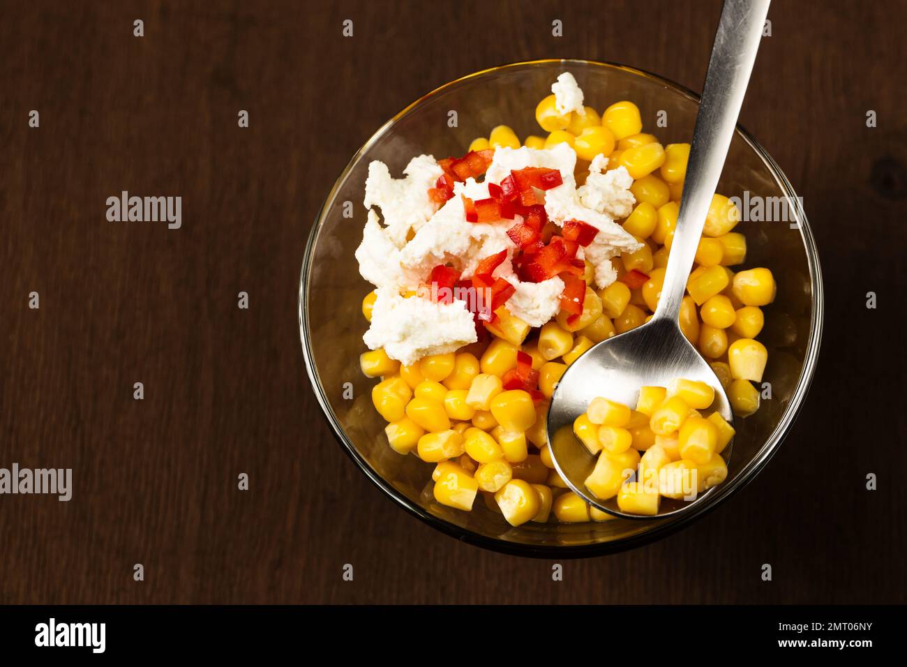 Esquites or Trolley with corn, cheese, mayonnaise and chili in a glass ...