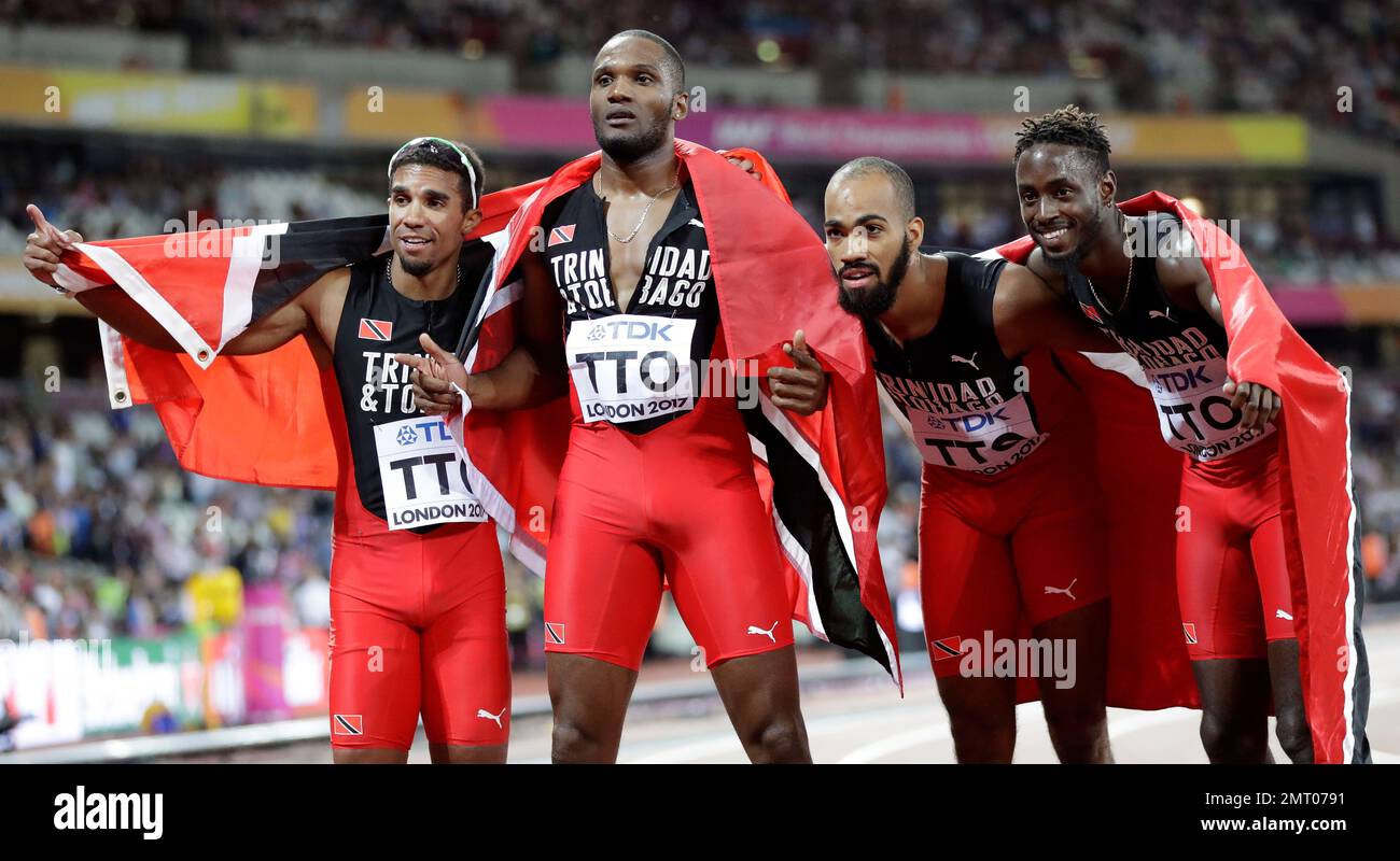 Trinidad and Tobago's gold medal winning team of Jarrin Solomon, Machel ...