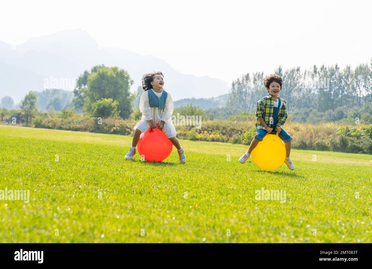 The two children playing games on the grass Stock Photo - Alamy