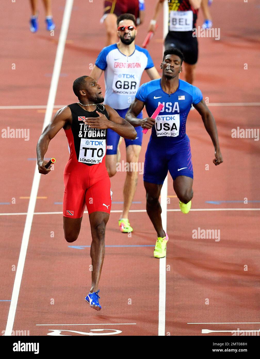 Trinidad and Tabago's Lalonde Gordon celebrates as crosses the finish ...