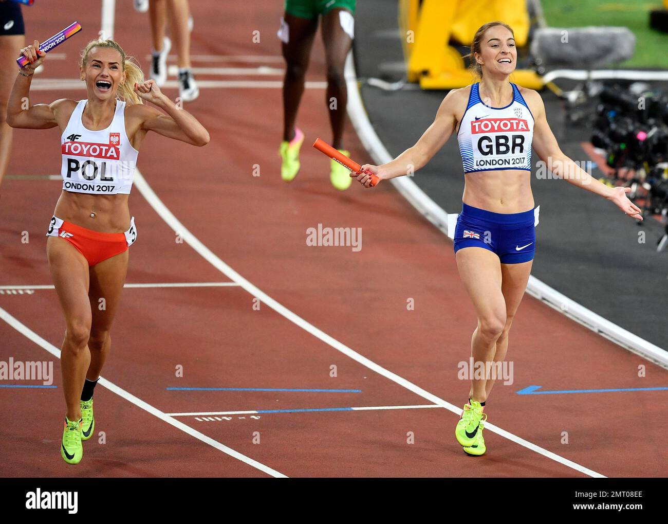 Britain's Emily Diamond, right, celebrates as she crosses the finish ...