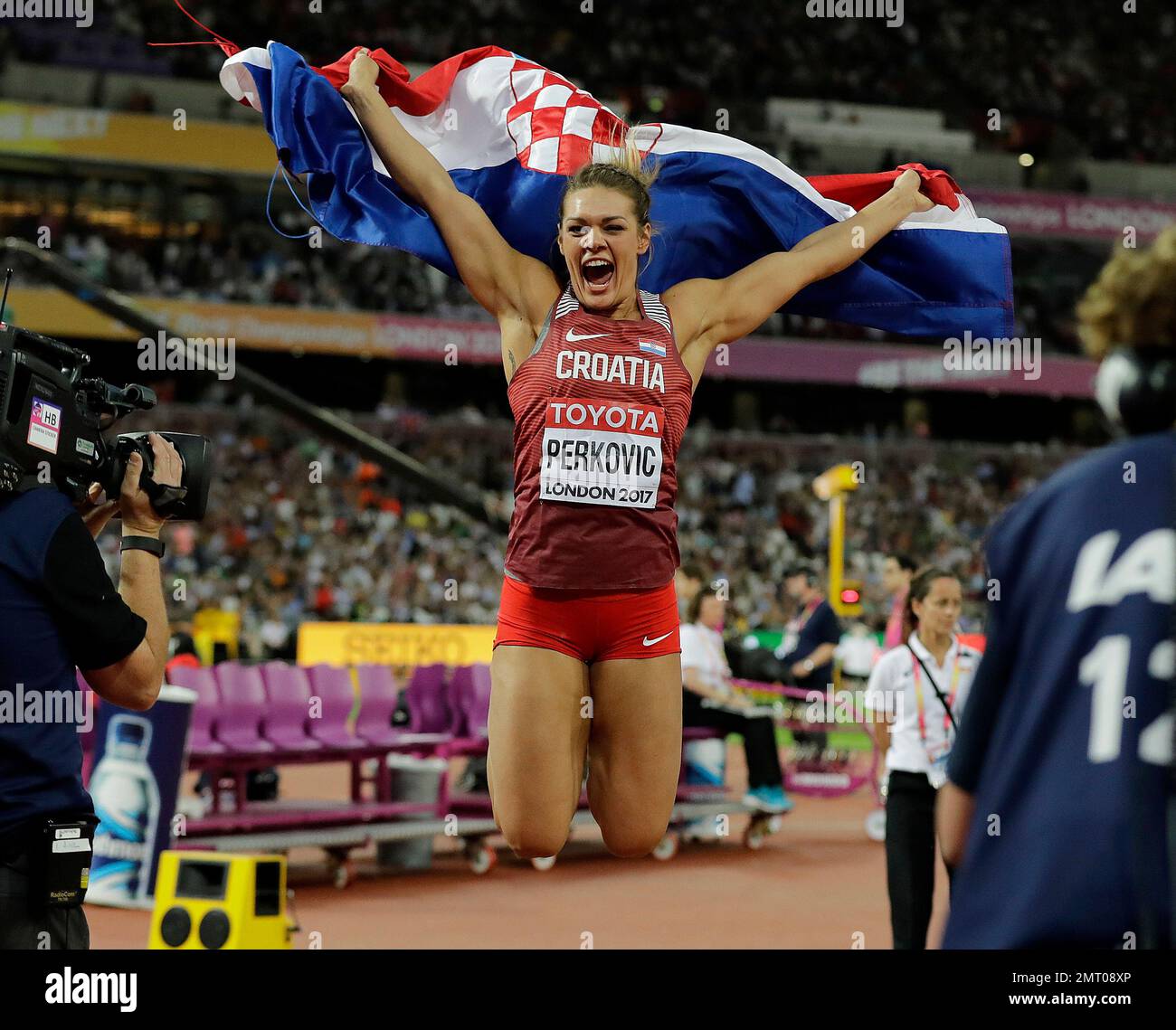 Croatia's Sandra Perkovic celebrates after winning the discus throw ...