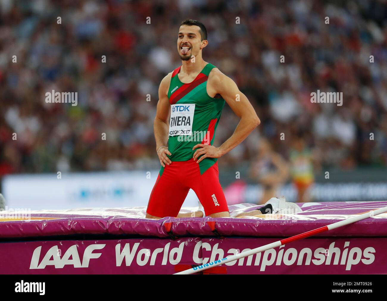 Mexico's Edgar Rivera reacts after an attempt in the men's high jump ...