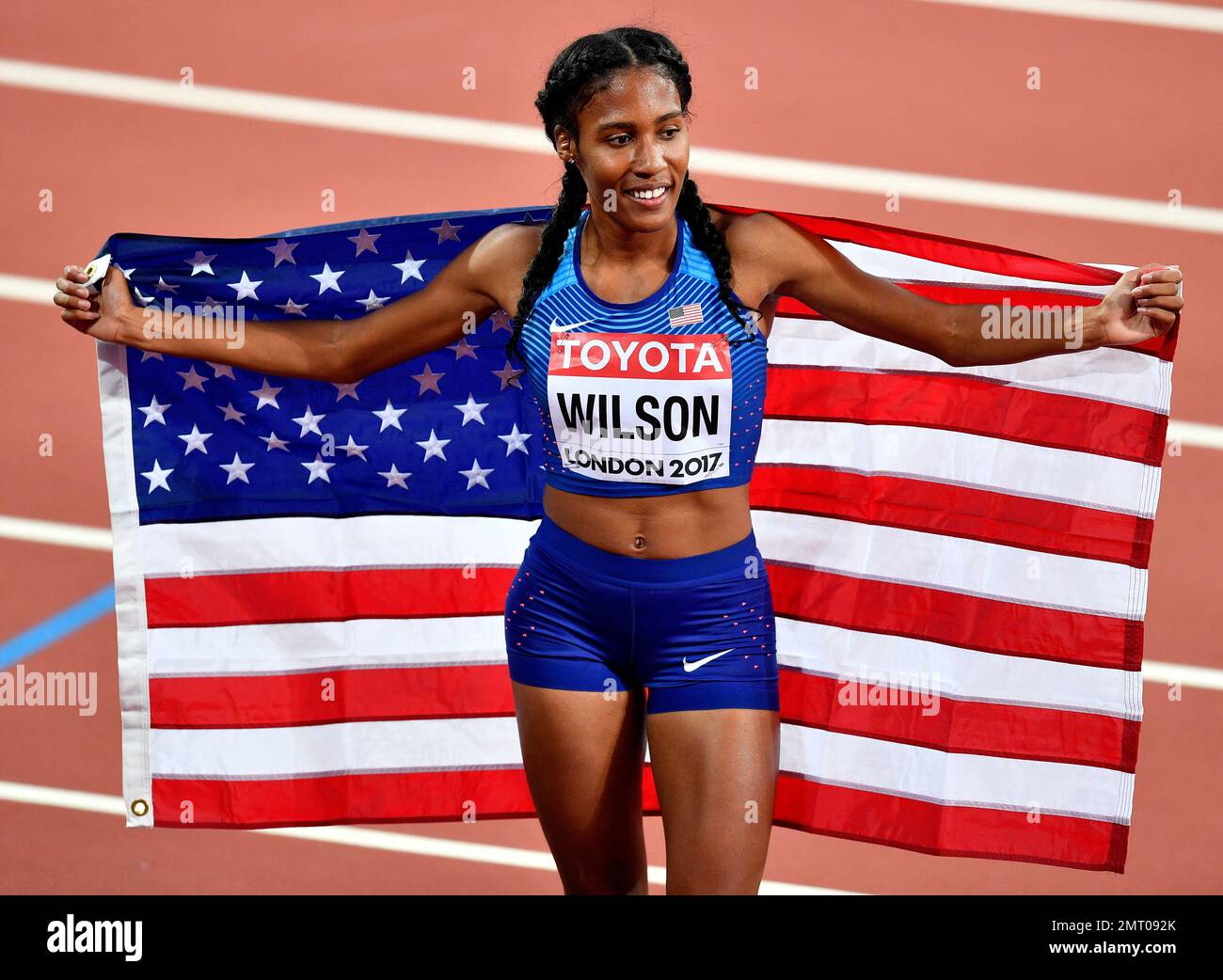 United States' Ajee Wilson celebrates after winning the bronze medal in ...