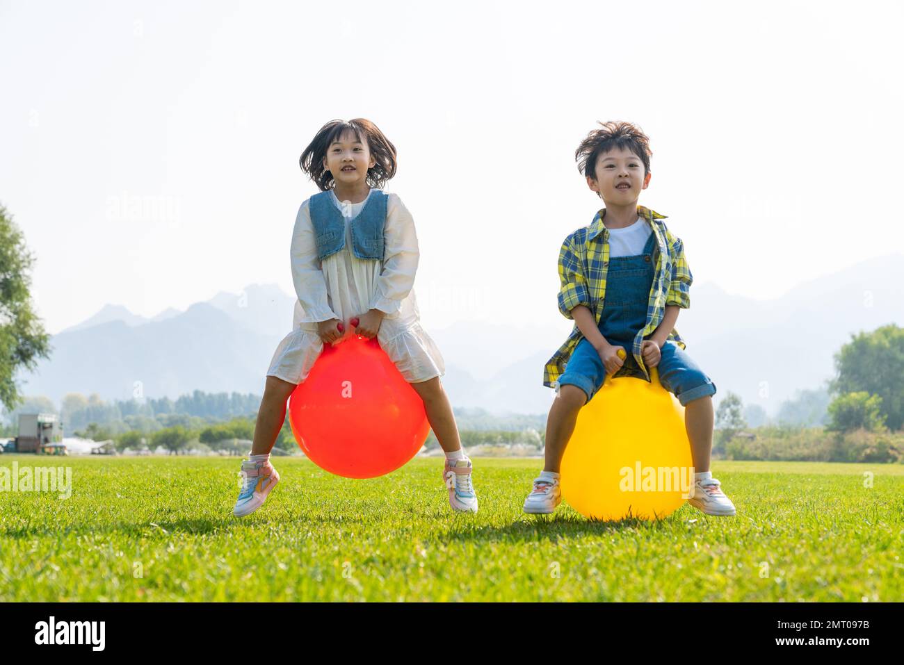 The two children playing games on the grass Stock Photo - Alamy