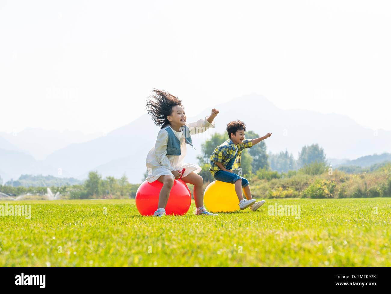 The two children playing games on the grass Stock Photo - Alamy