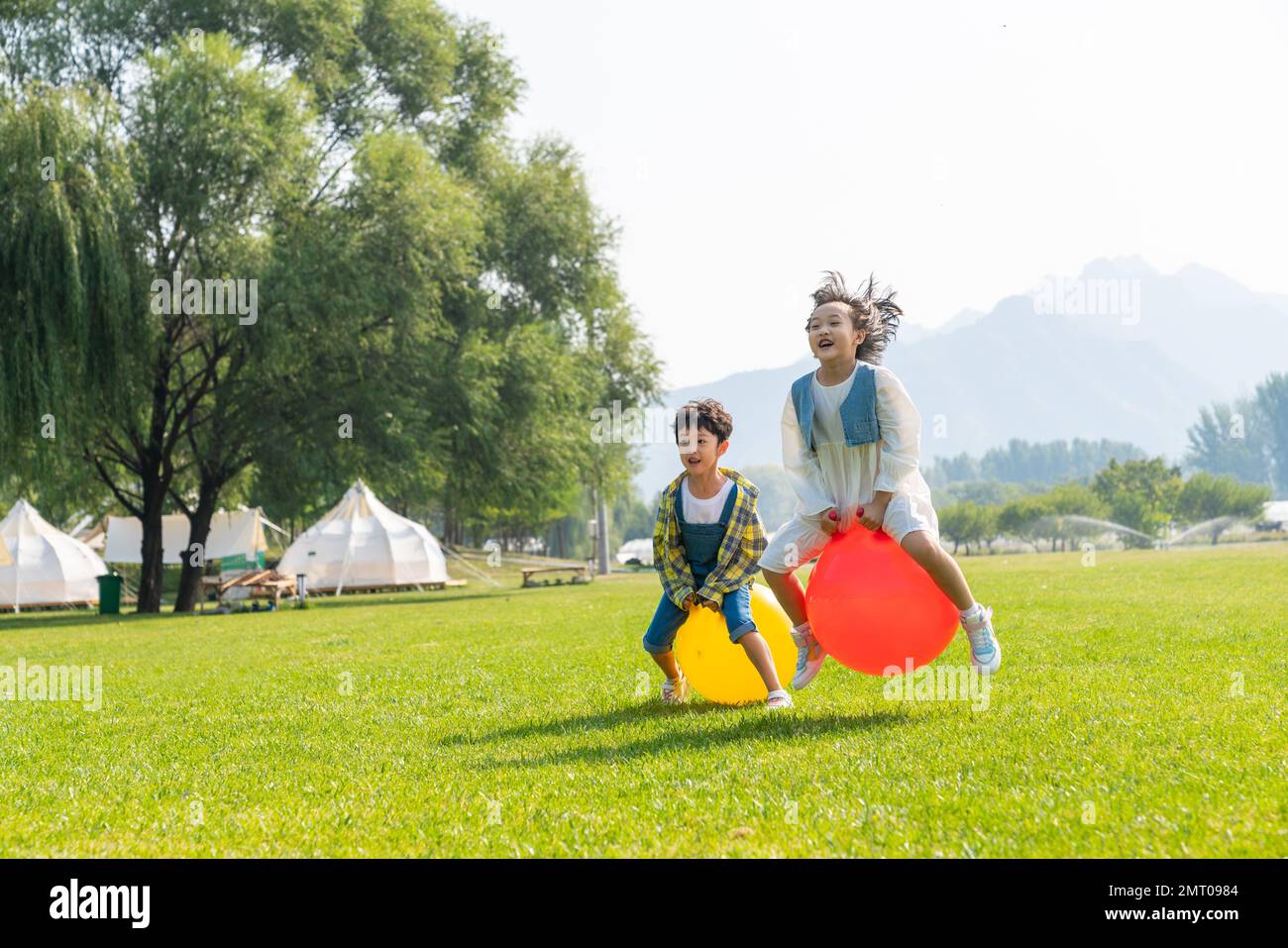 The two children playing games on the grass Stock Photo - Alamy