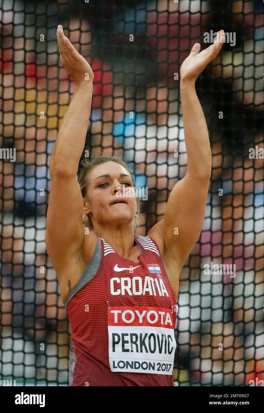 Croatia's Sandra Perkovic reacts after an attempt in the women's discus ...