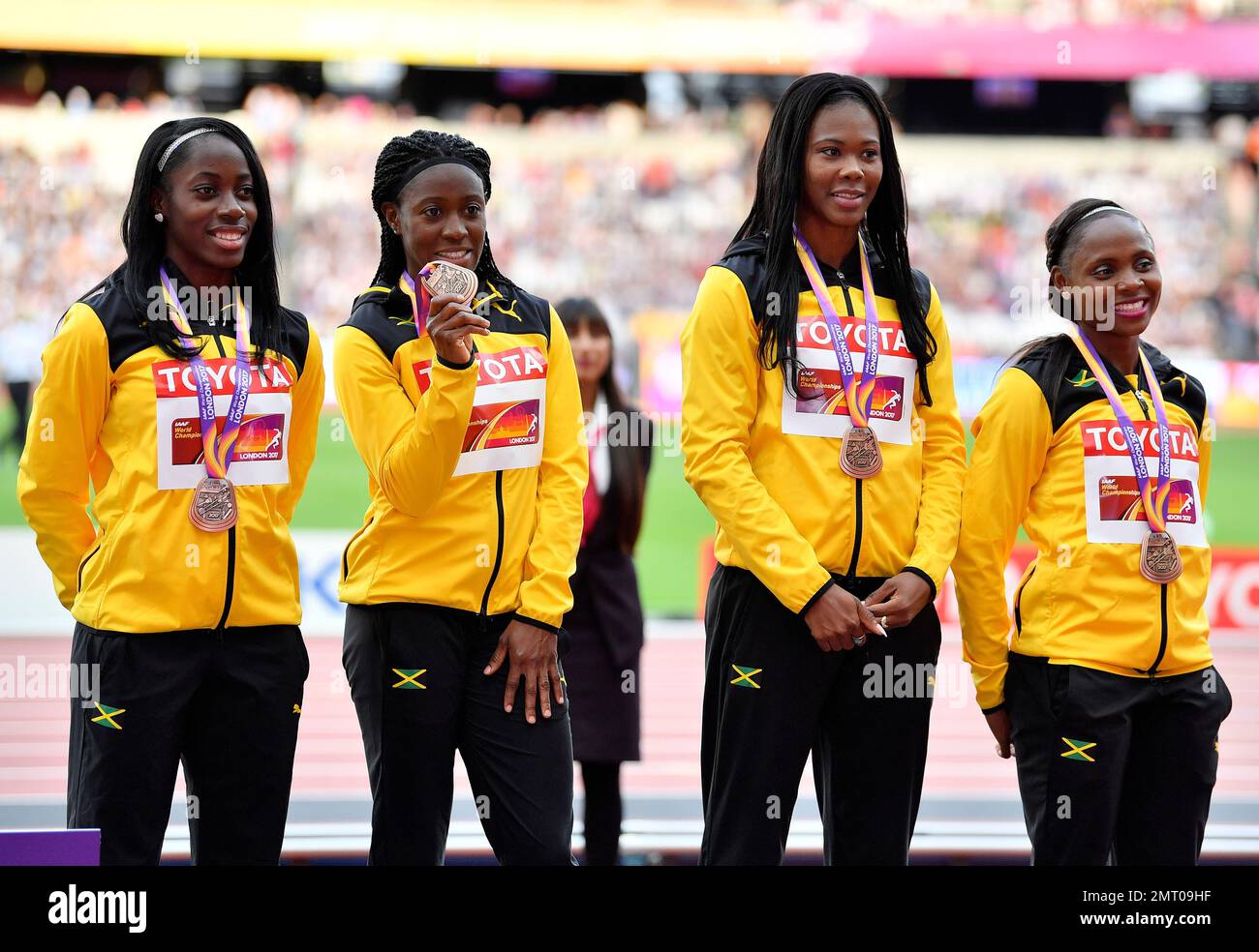 Jamaica's Women's 4x100 meters relay team, from left, Sashalee Forbes ...